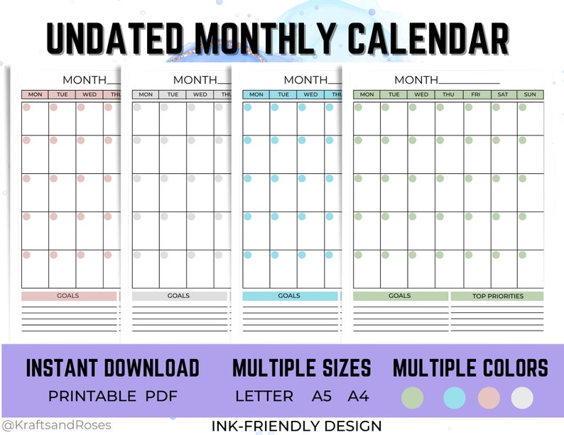Undated Monthly Calendar | Printable Calendar | Instant Download PDF ...