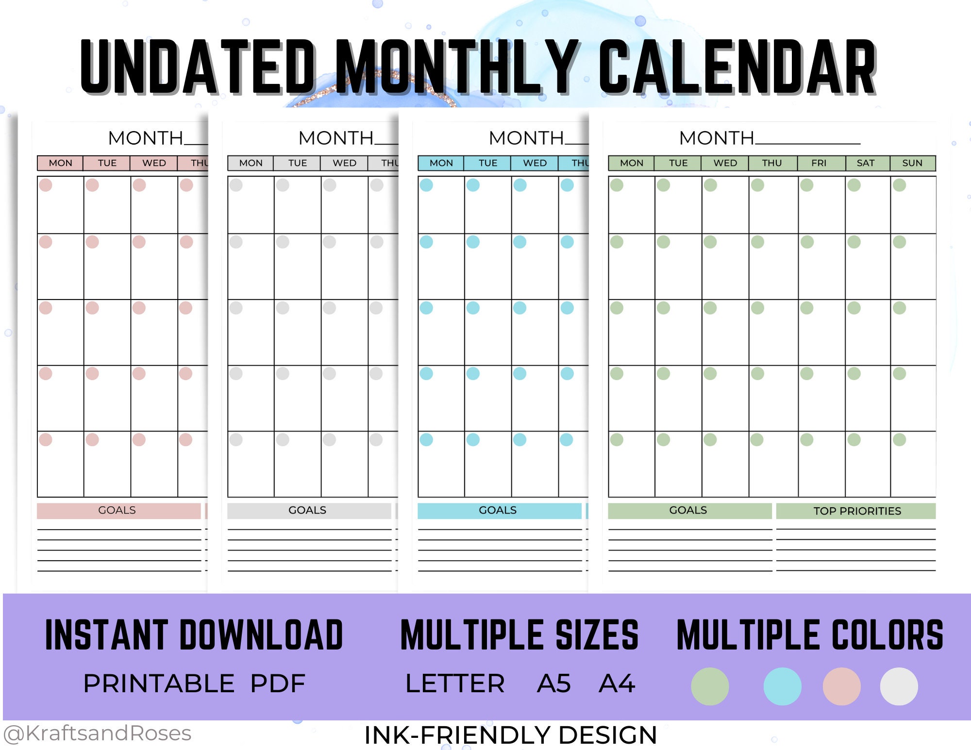 Undated Monthly Calendar | Printable Calendar | Instant Download PDF ...