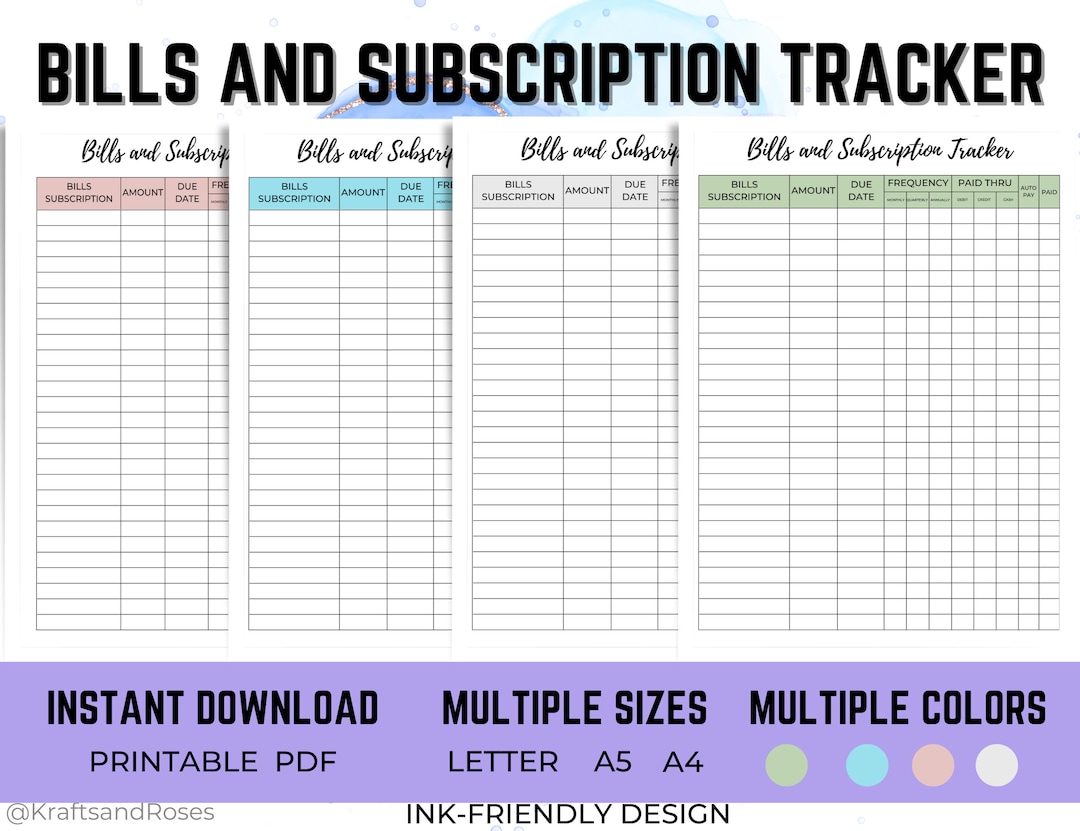 Bills and Subscription Tracker Printable | Instant Download PDF ...