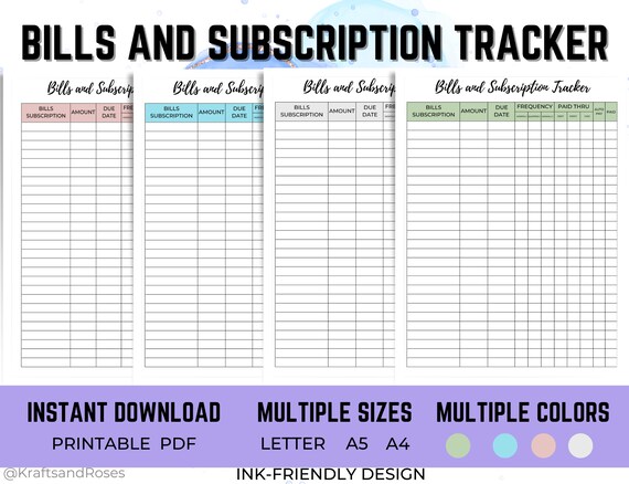 Bills and Subscription Tracker Printable Instant Download - Etsy