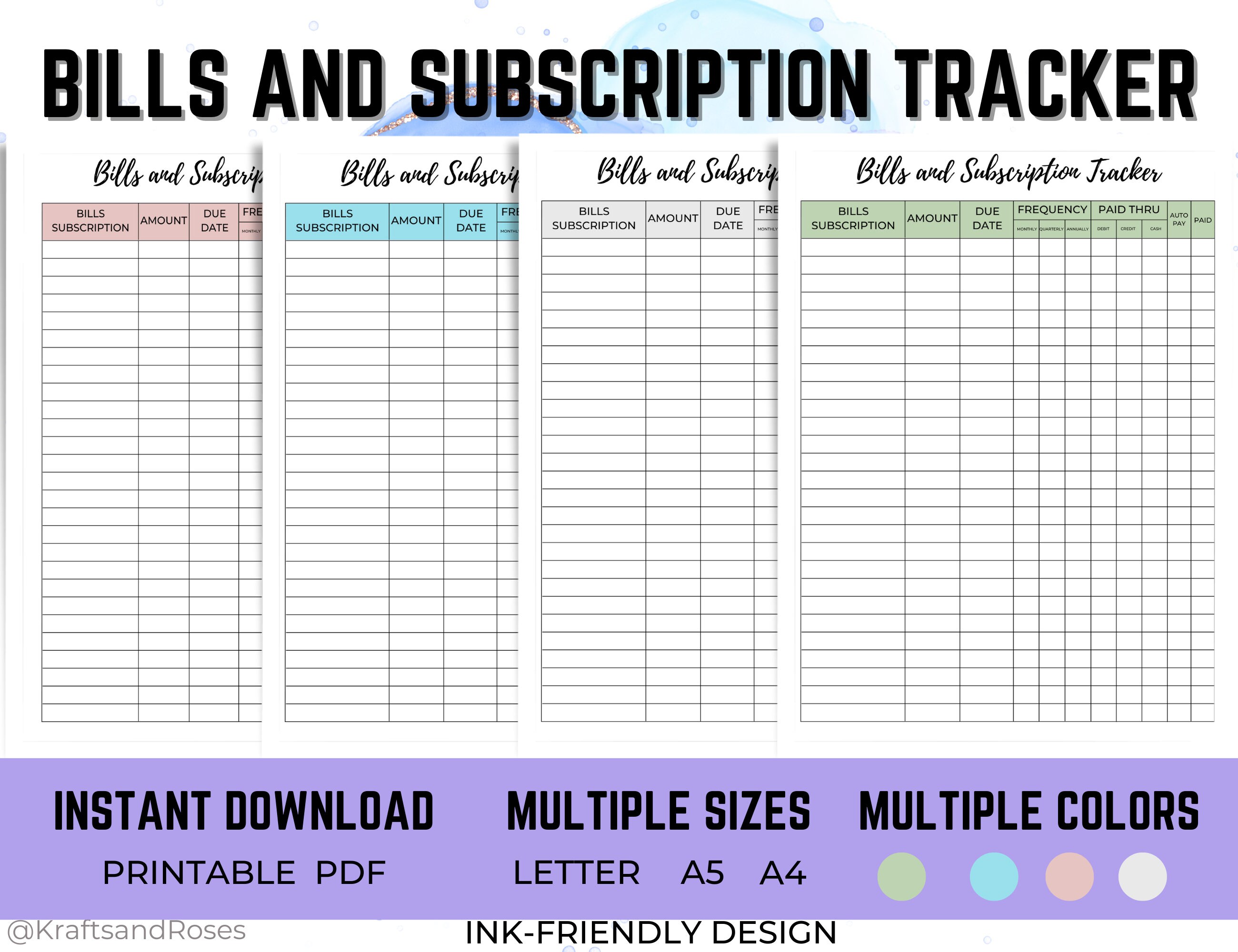 Bills and Subscription Tracker Printable | Instant Download PDF ...