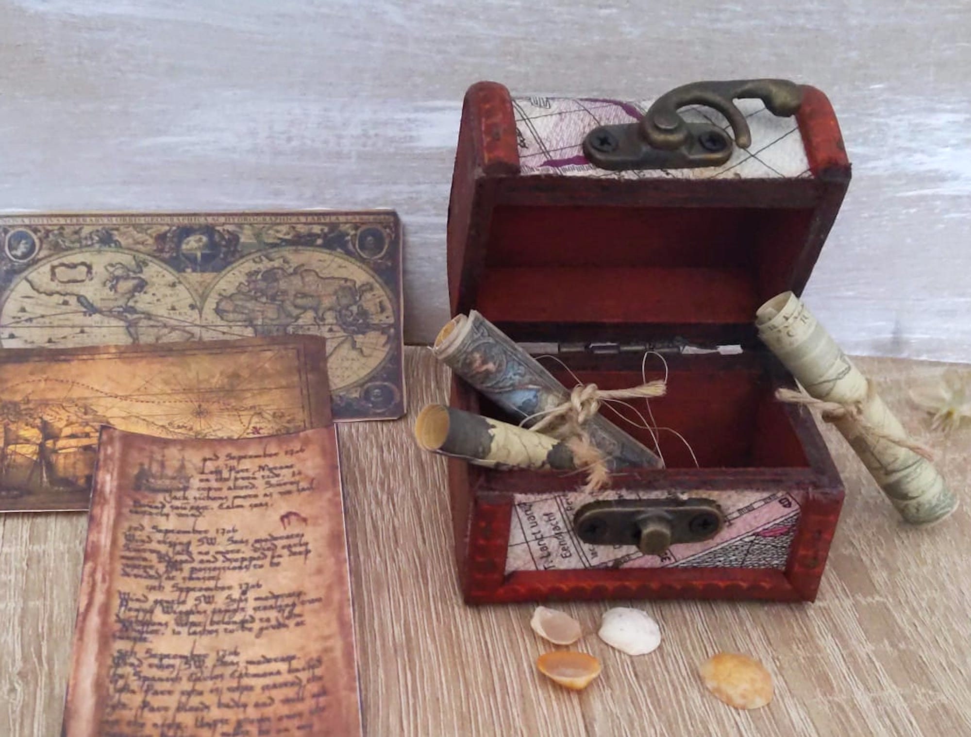 Pirate Treasure Chest With 3 Scrolls Ancient World Map, Pirate Ship ...