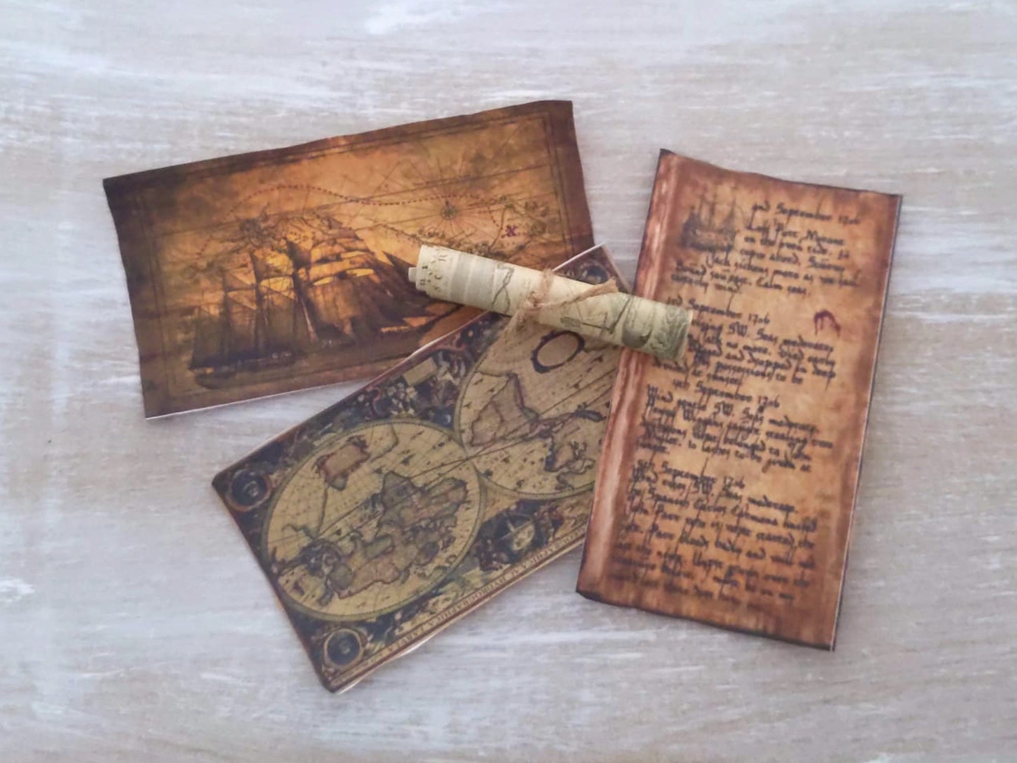 Pirate Treasure Chest With 3 Scrolls Ancient World Map, Pirate Ship ...