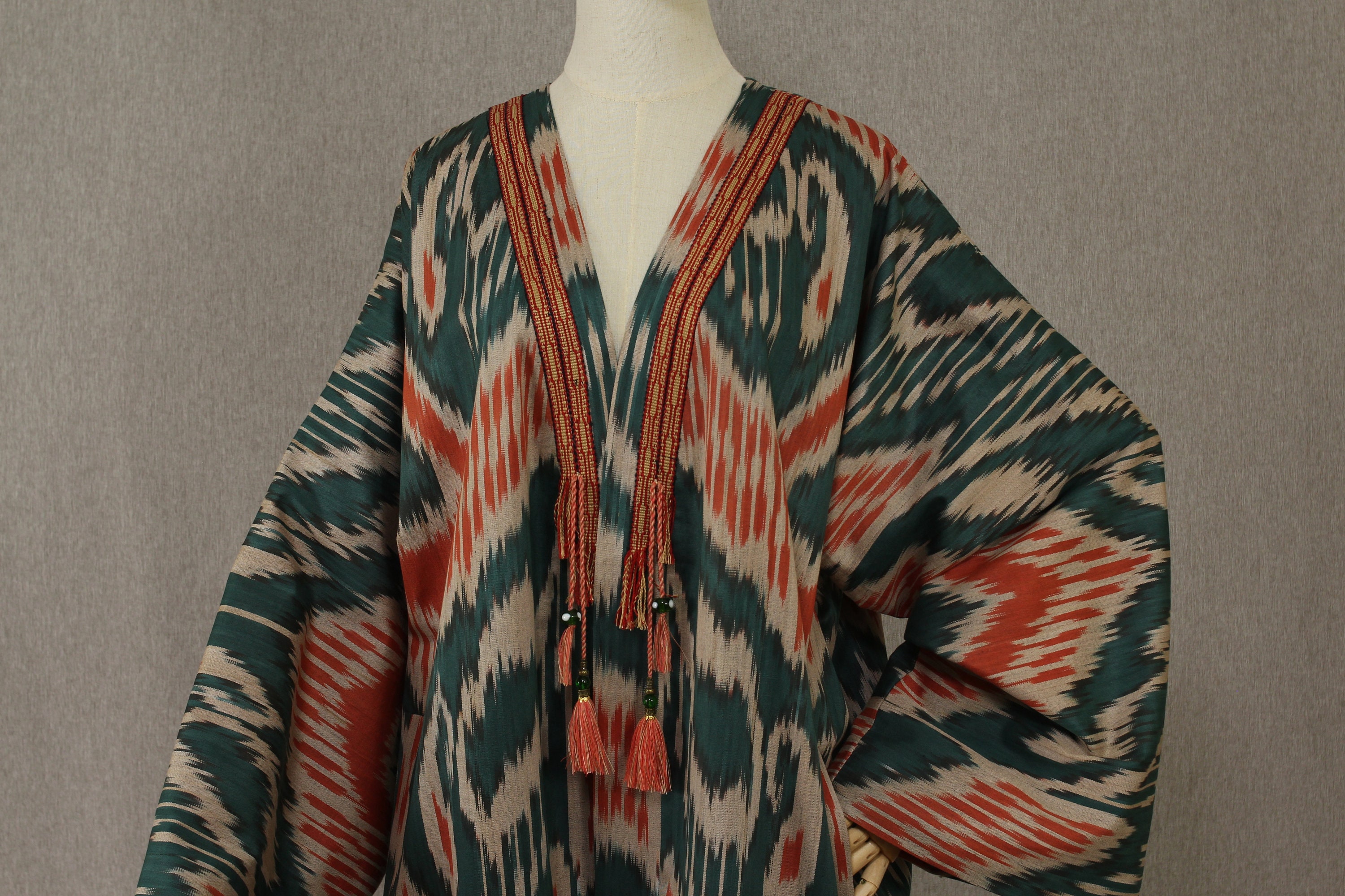 Uzbek Ikat Chapan/cotton Unisex Kaftan/green Orange Boho Kimono/ethnic ...