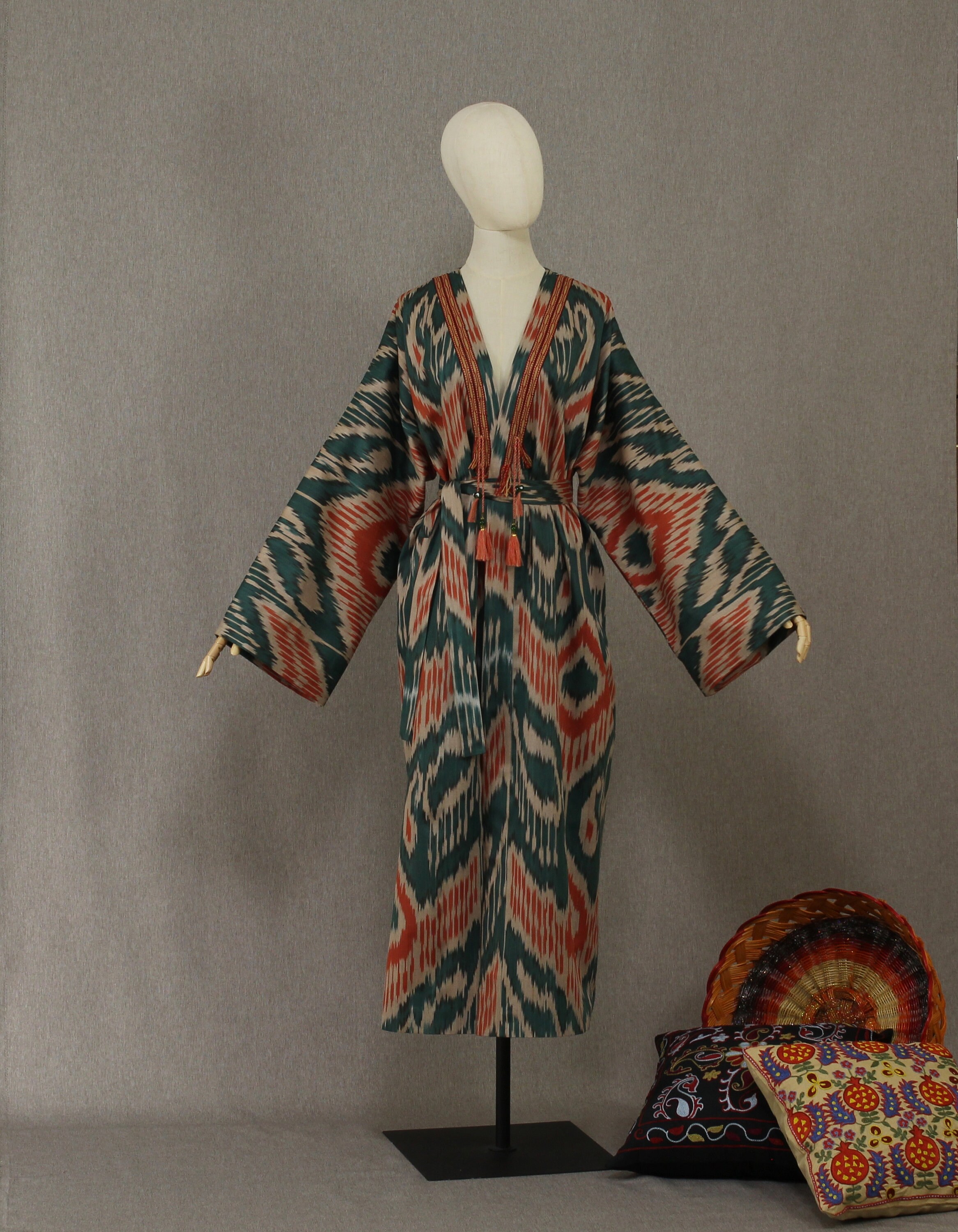 Uzbek Ikat Chapan/cotton Unisex Kaftan/green Orange Boho Kimono/ethnic ...