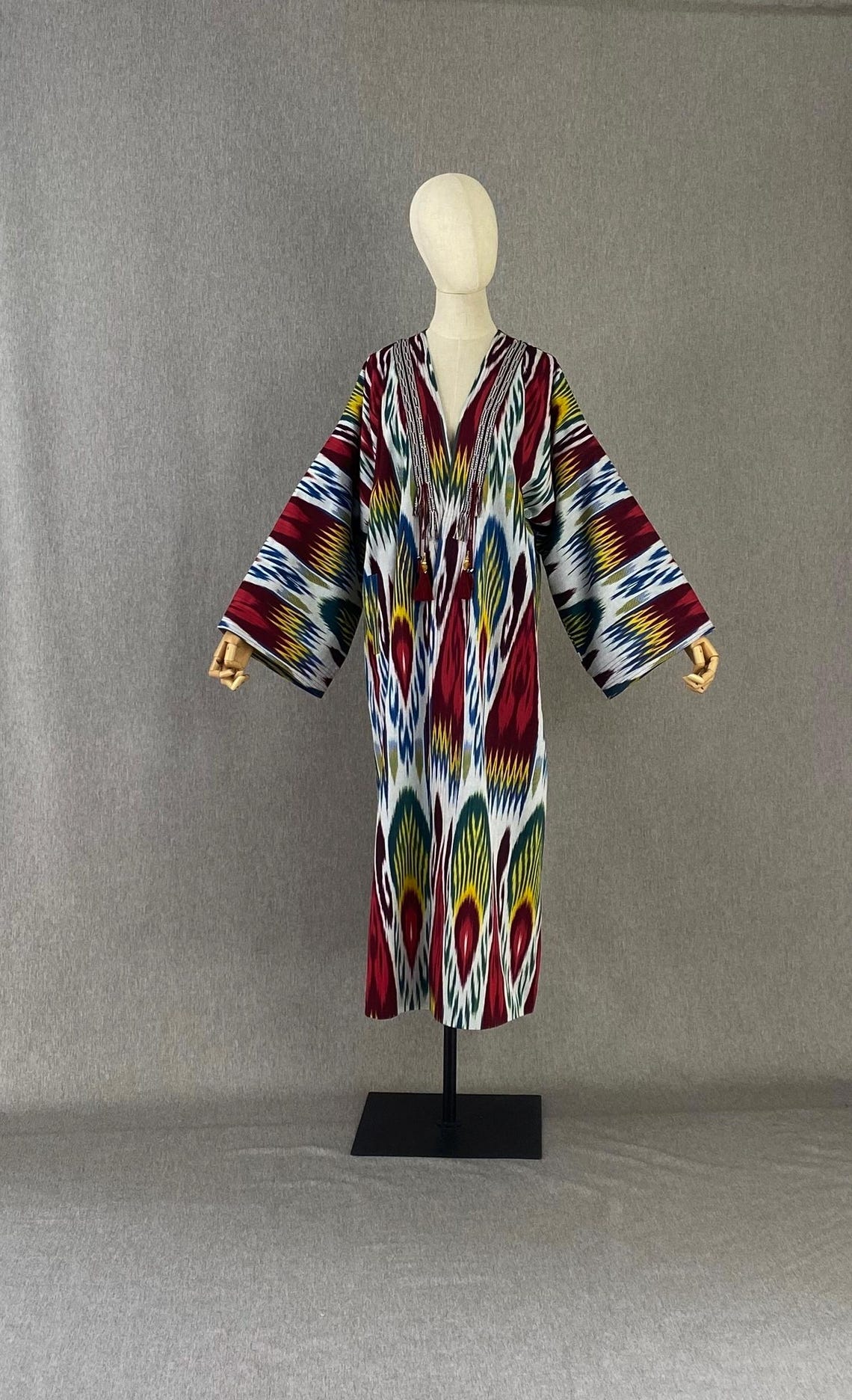 Cotton Unisex Chapan/uzbek Ikat Jacket/red Green Boho Coat/ethnic Abaya ...