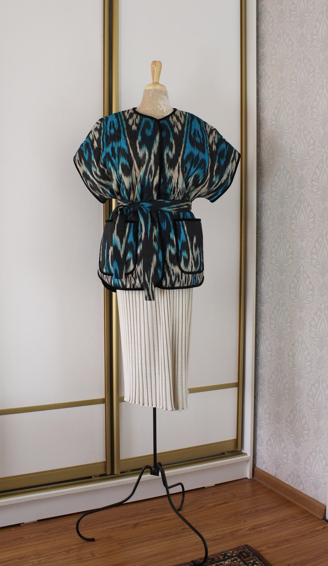 Quilted Ikat Jacket Short Sleeves/uzbek Cotton Warm Vest/ethnic Black ...