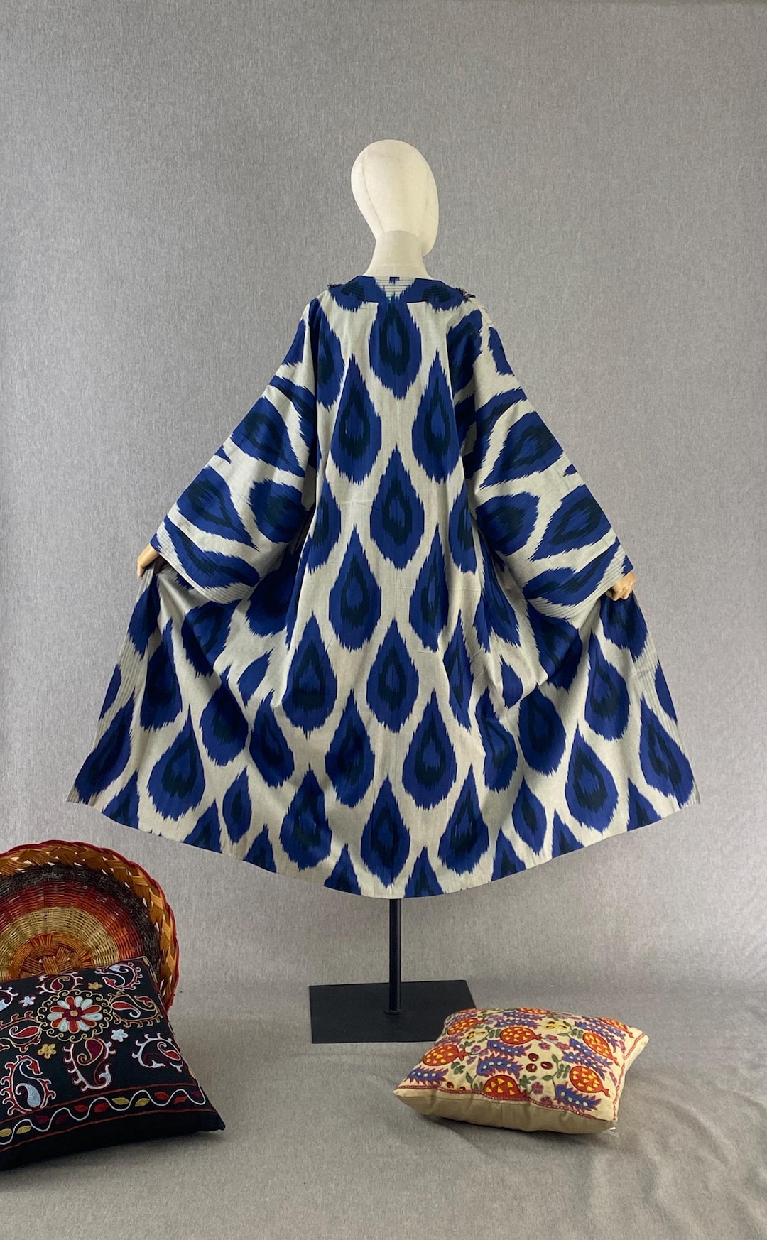 Cotton Unisex Chapan/uzbek Ikat Jacket/blue Black Boho Coat/ethnic ...
