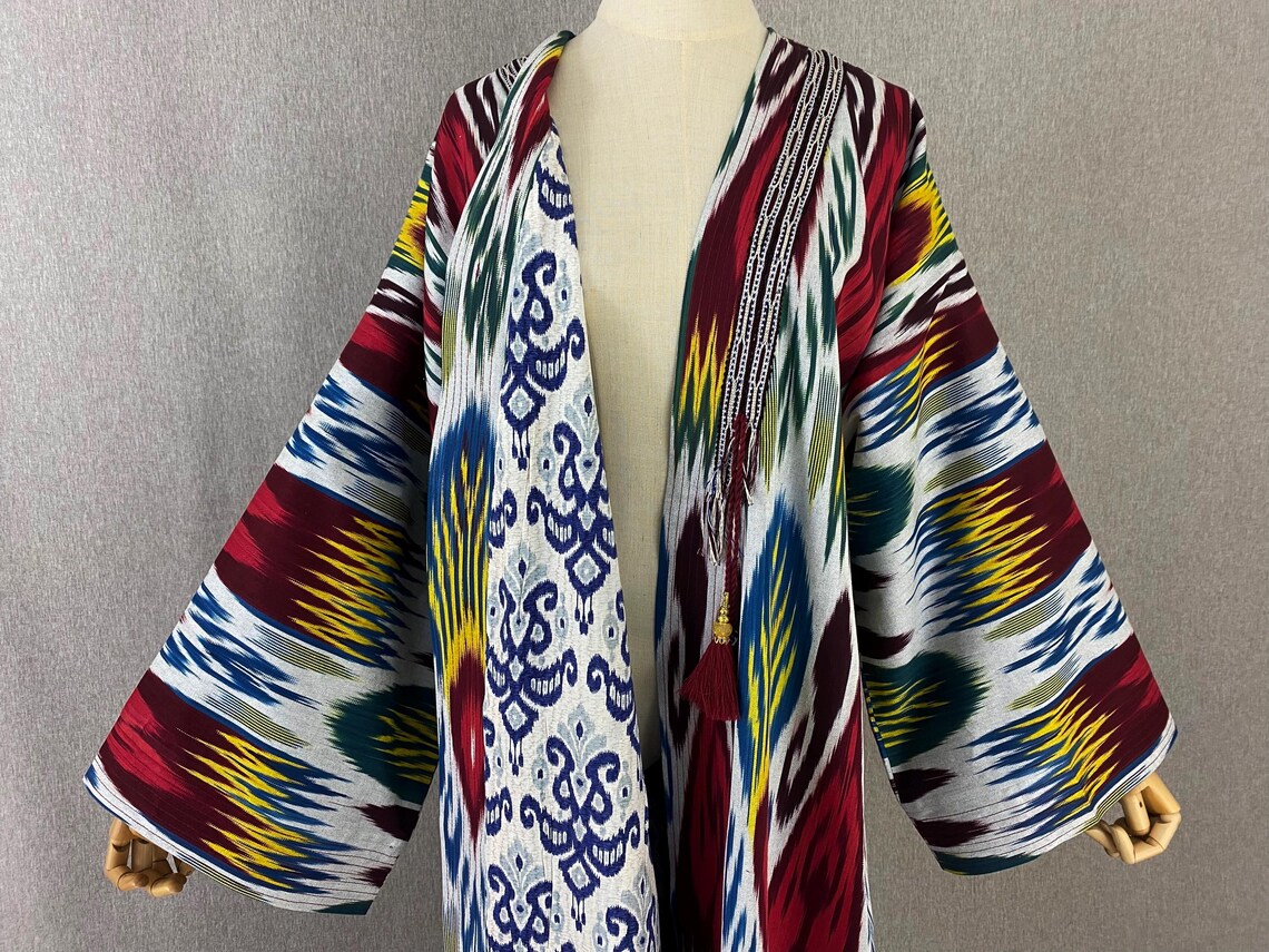 Cotton Unisex Chapan/uzbek Ikat Jacket/red Green Boho Coat/ethnic Abaya ...