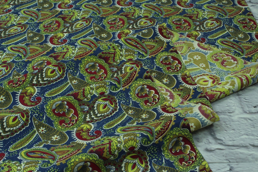 1970s Russian Cotton Fabric, Yellow Green Paisley on Navy, 2.2 Yards - Etsy