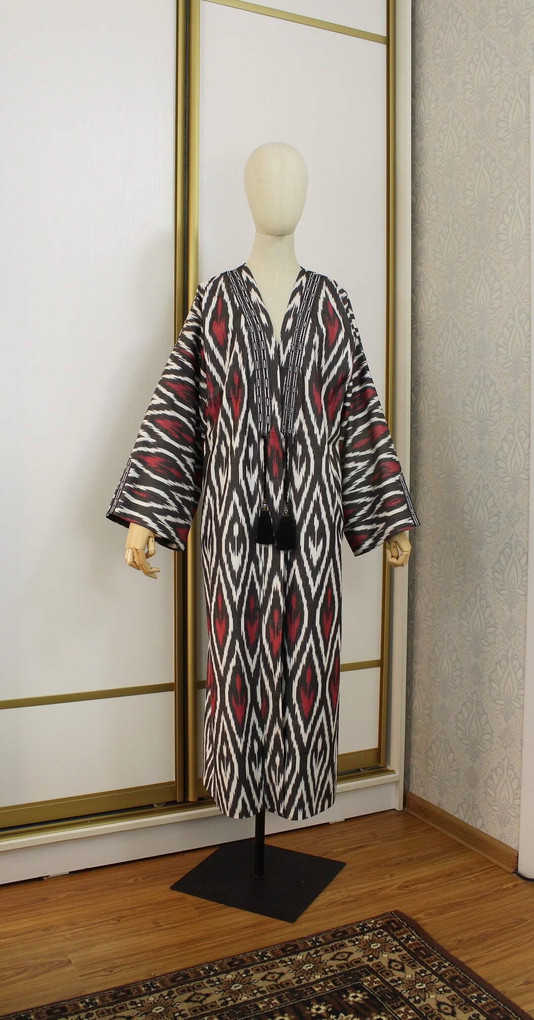 Cotton Ikat Chapan,uzbek Handmade Kaftan,gray Dress,boho Kimono,ethnic ...