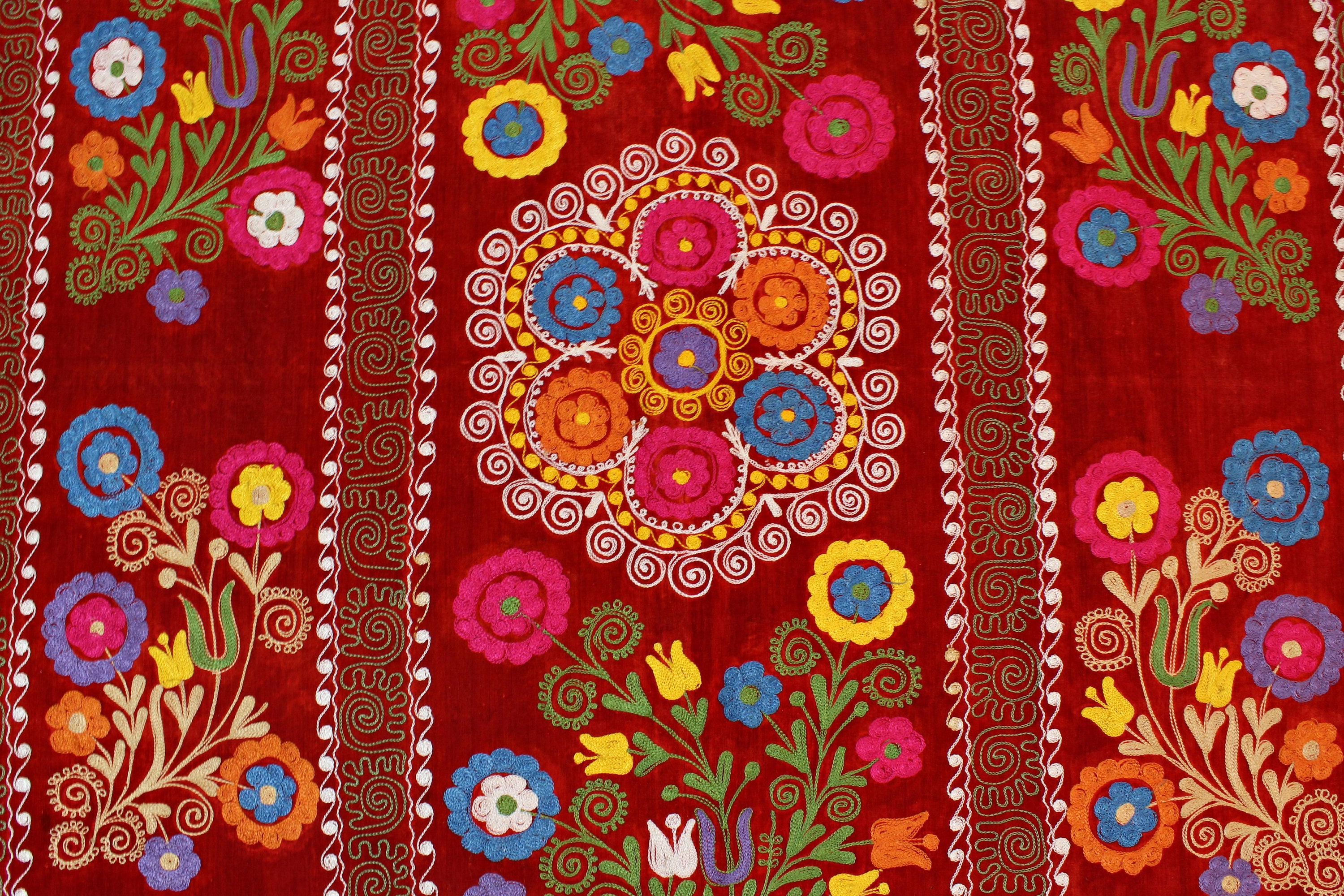 Uzbek Red Velvet Suzani Panel,tapesry Wall Hanging,embroidered Suzani ...