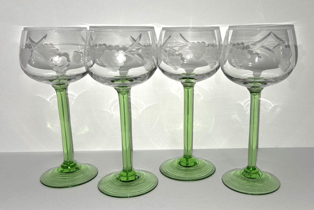 1950s Etched Grape Hock Wine Glasses, Green Stem, Set of 4 - Etsy