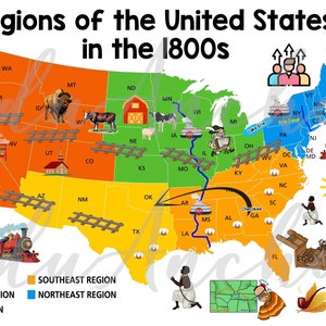 Regions of the United States in the 1800s, Map, Printable, Regions ...
