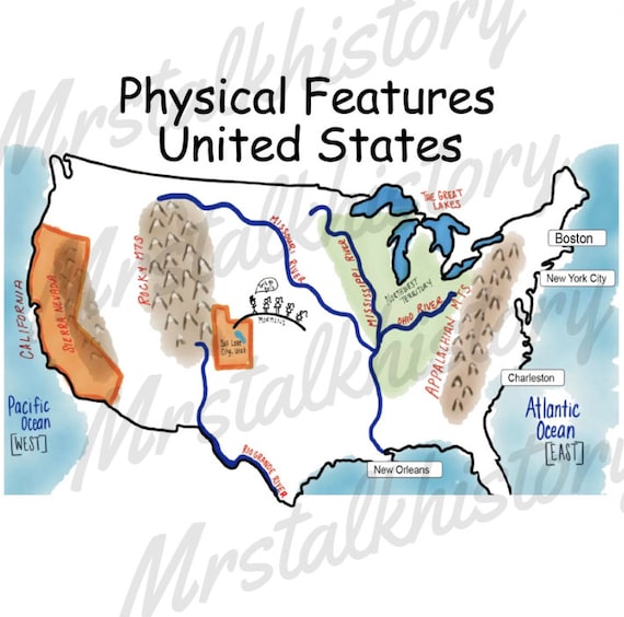 Physical Features Map Of Usa