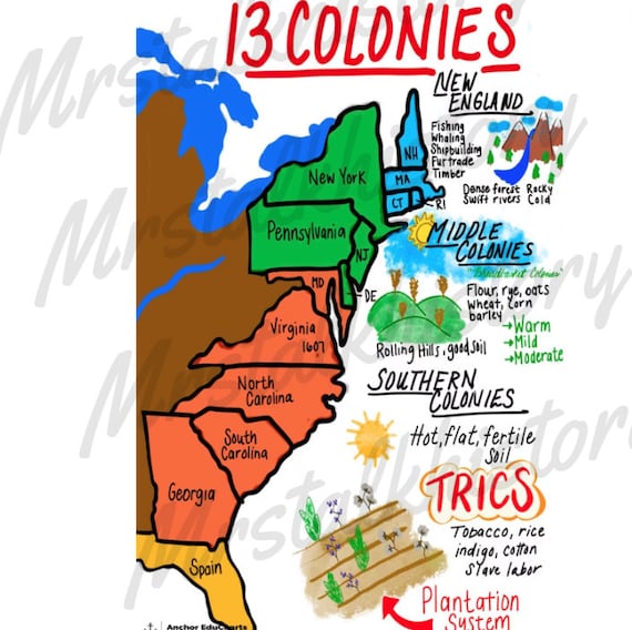 13 Colonies Map Labeled And Color Coded