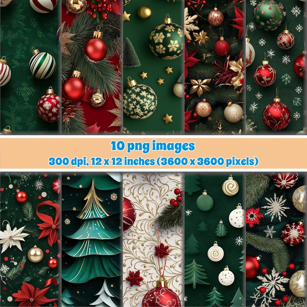 Christmas Digital Paper Pack, 10 PNG Images, Christmas Ornaments ...