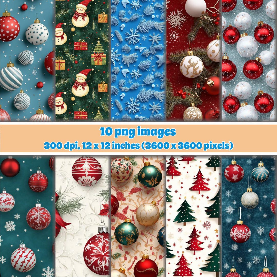 Christmas Holiday Digital Paper Pack, 10 PNG Images, Festive Patterns ...