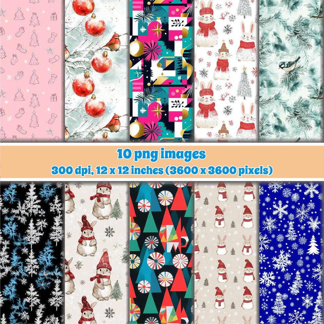 Christmas Winter Digital Paper Pack, 10 PNG Images, 300 DPI, 12x12 ...