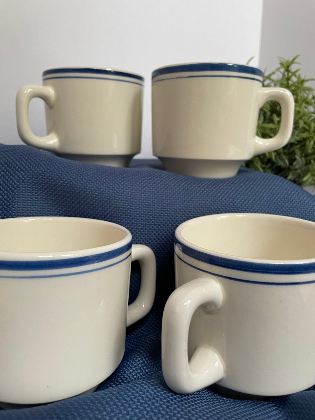 Vintage Restaurant Coffee Mugs Ironstone Blue Stripe Rim Oxford Brazil ...