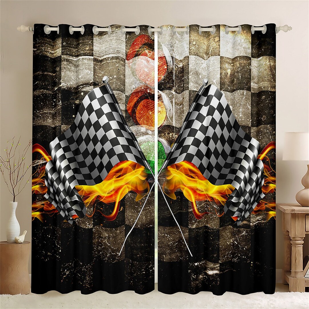 Racing Car Extreme Sports Theme Curtain Set, Geometric Black White ...
