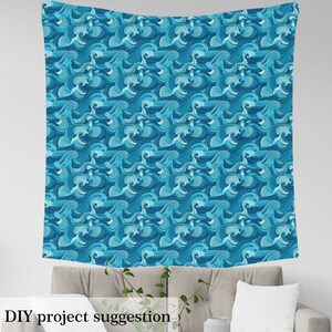 Ocean Waves Polyester Fabric by the Yard, Artistic Gradient Blue Sea ...