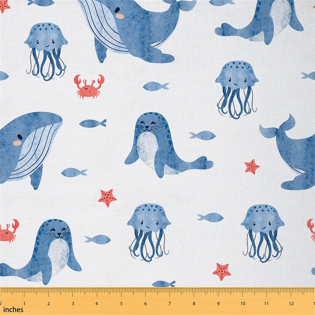 Blue Marine Life Polyester Fabric by the Yard, Watercolor Ocean Animal ...