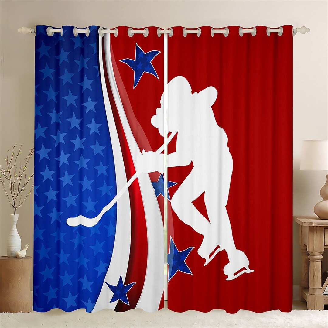 Ice Hockey Athlete Silhouette Window Curtains, Blue Red Splicing ...