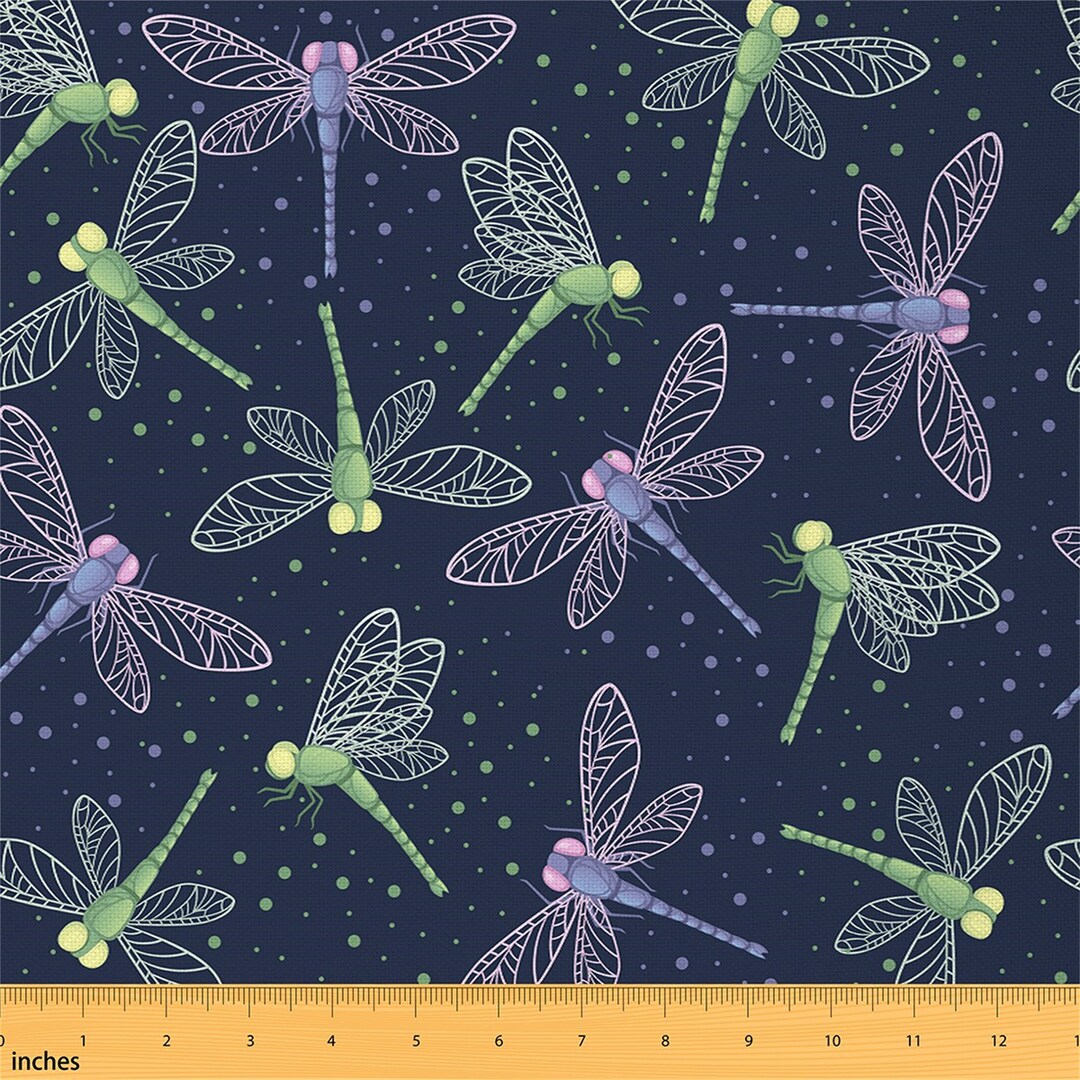 Dragonfly Handmade Fabric by the Yard, Watercolor Green Purple Polka ...