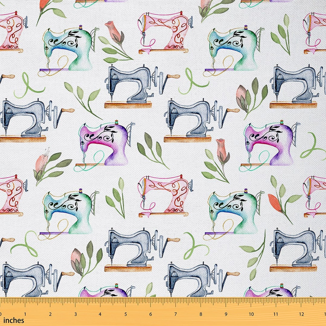 Sewing Machine Fabric by the Yard, Nature Watercolor Flowers Leaves ...