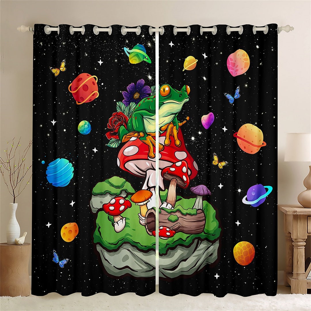 Cute Frog Window Curtains, Starry Sky Galaxy Colorful Planets Window ...