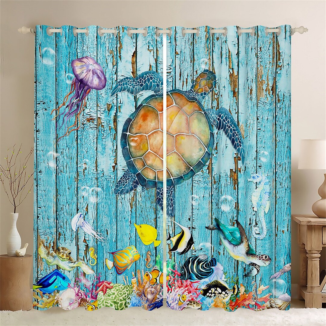 Sea Turtle Window Curtains, Seahorse Jellyfish Fish Ocean Animal Window ...