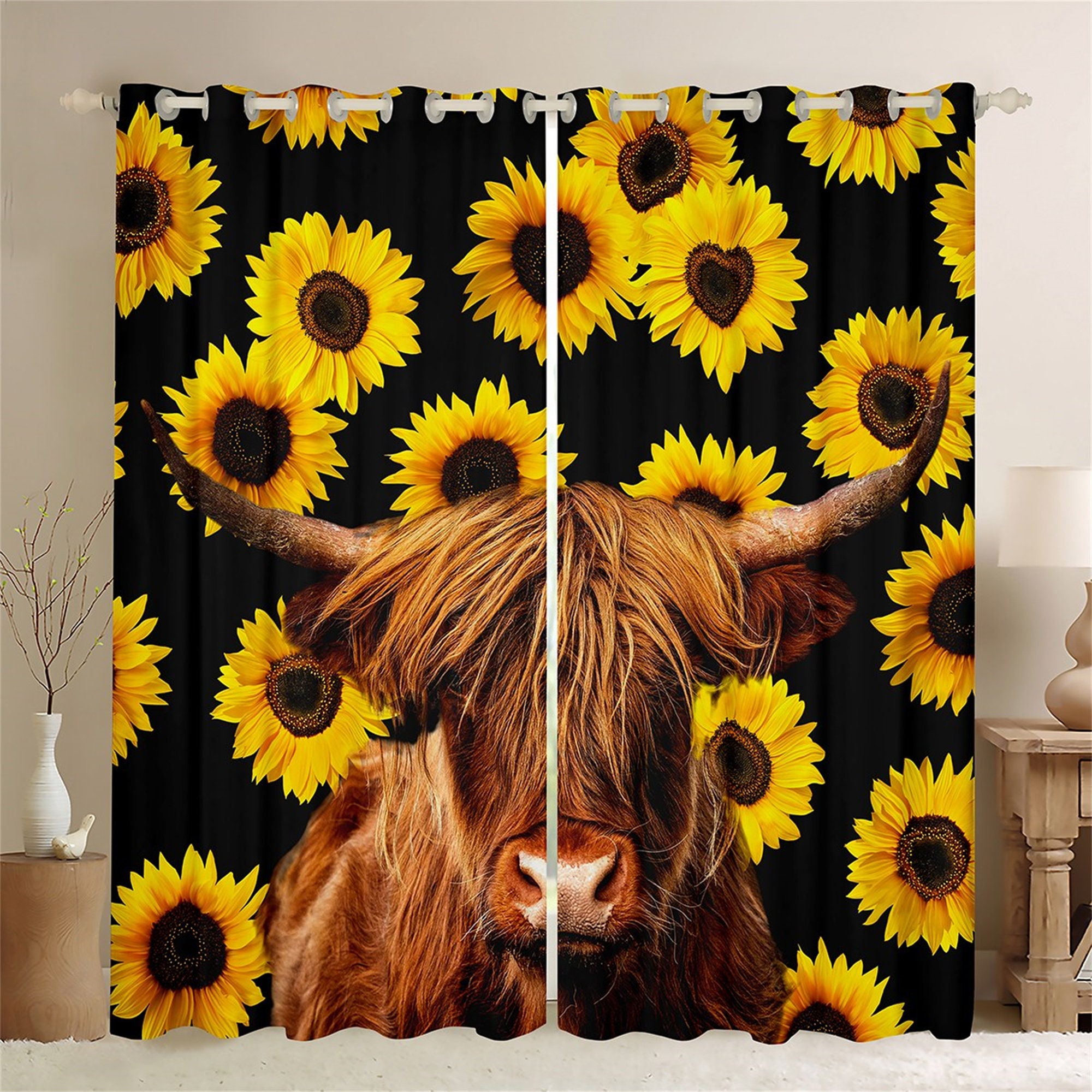 Highland Cattle Cow Window Curtains Sunflower Vivid Window - Etsy