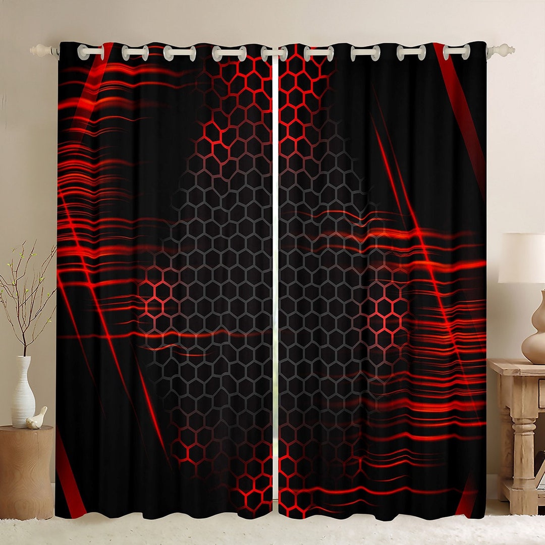 Modern Neon Lights Window Drapes, Honeycomb Geometric Gradient Curtain ...