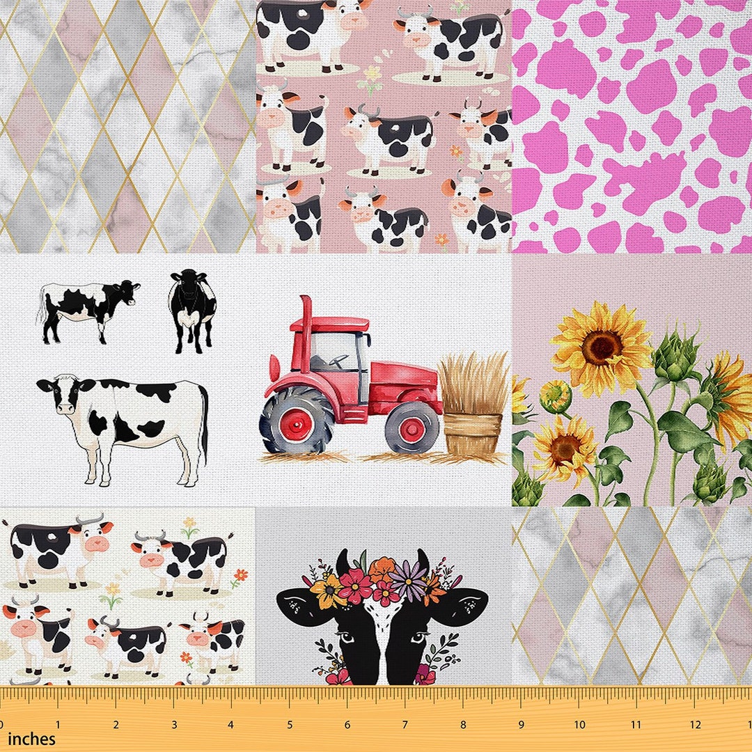 Rustic Farmhouse Polyester Fabric by the Yard, Farm Tractor Sunflower ...