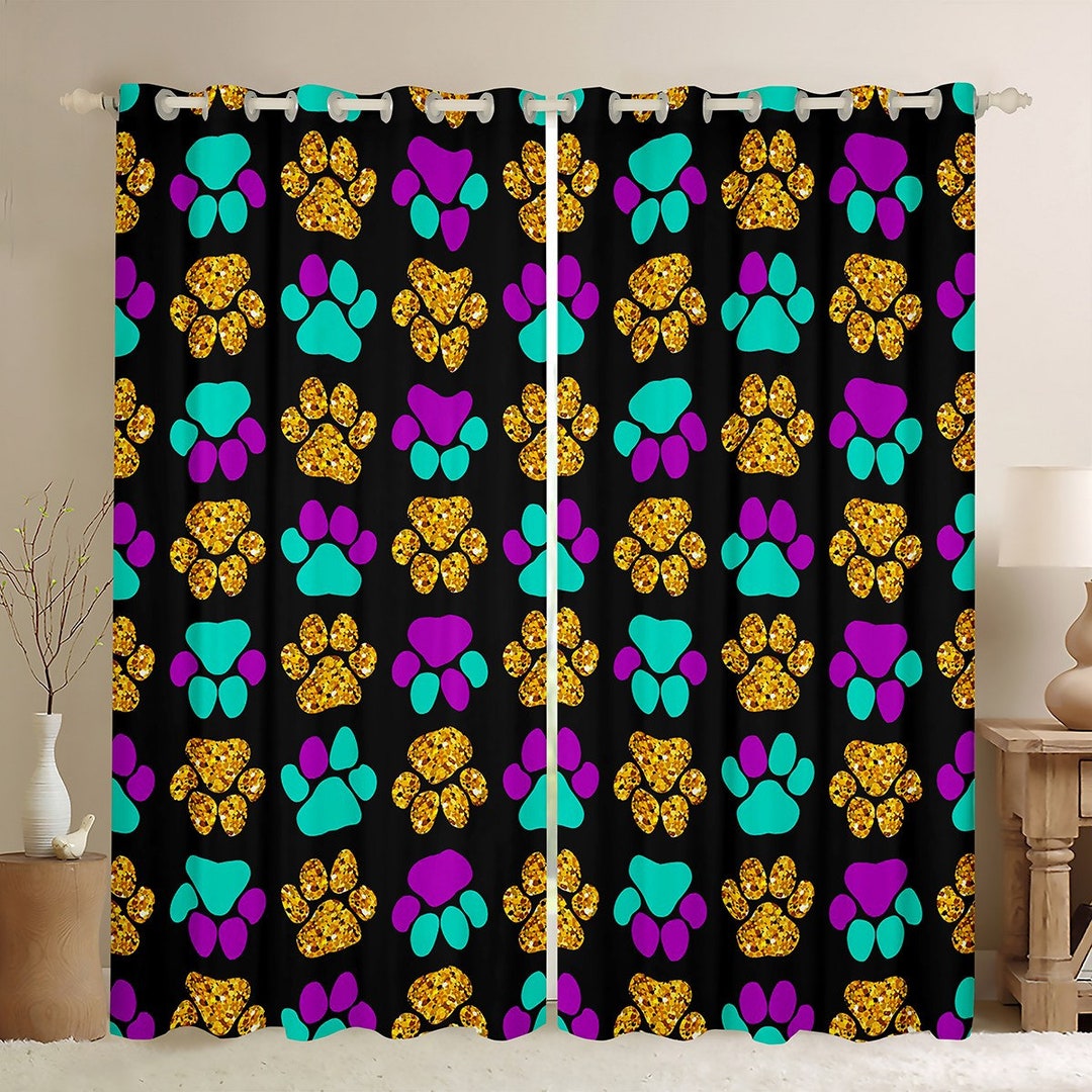 Cartoon Dog Paw Print Window Drapes, Lovely Animal Puppy Teal Purple ...