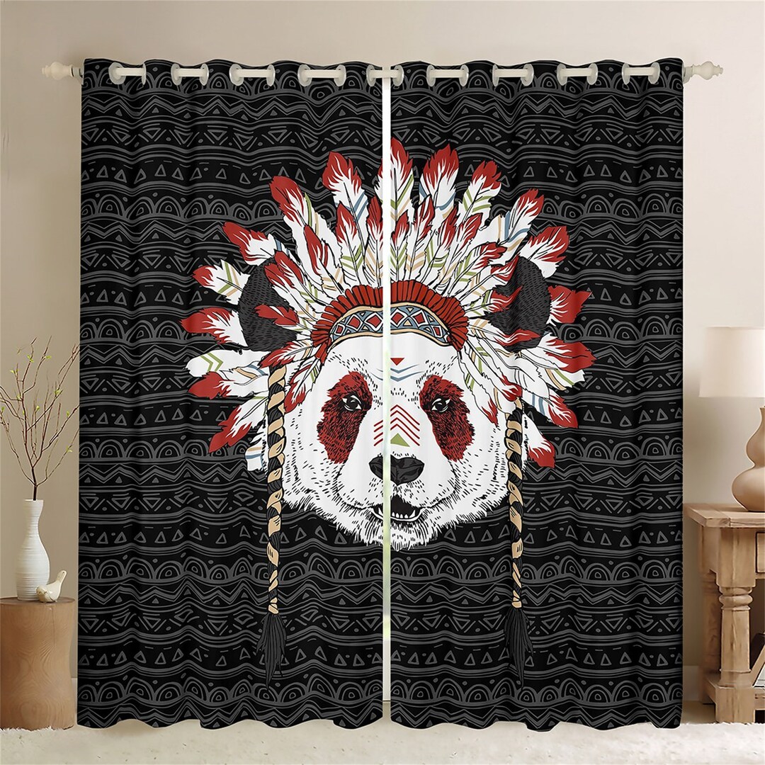 Cute Panda Watercolor Window Curtains, Cartoon Animal Ethnic Window ...