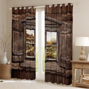 Rustic Farmhouse Style Window Curtains, Retro Brown Wooden Barn Door ...