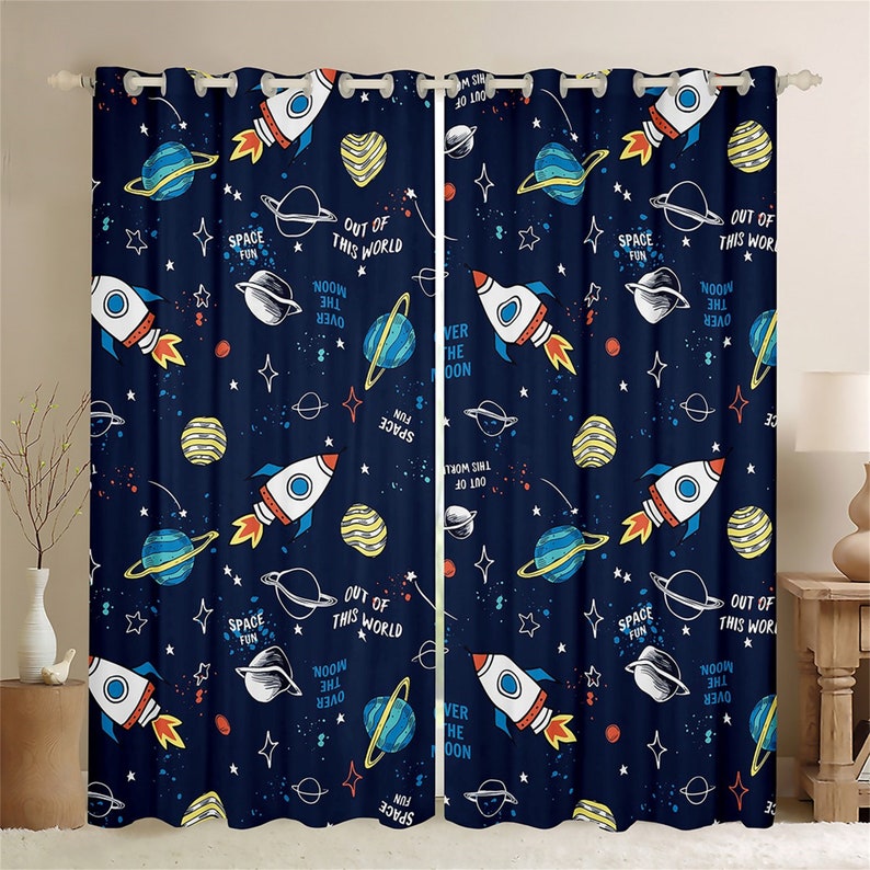 Cartoon Rocket Planet Graffiti Window Curtains Starry Galaxy - Etsy