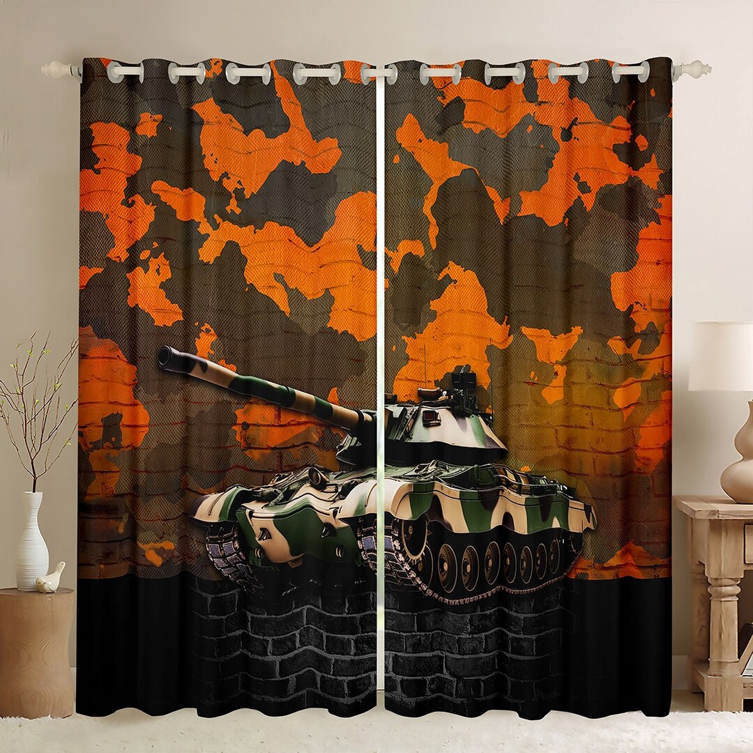 Army Tank Window Drapes, Military Vehicle Brick Wall Graffiti Curtain ...