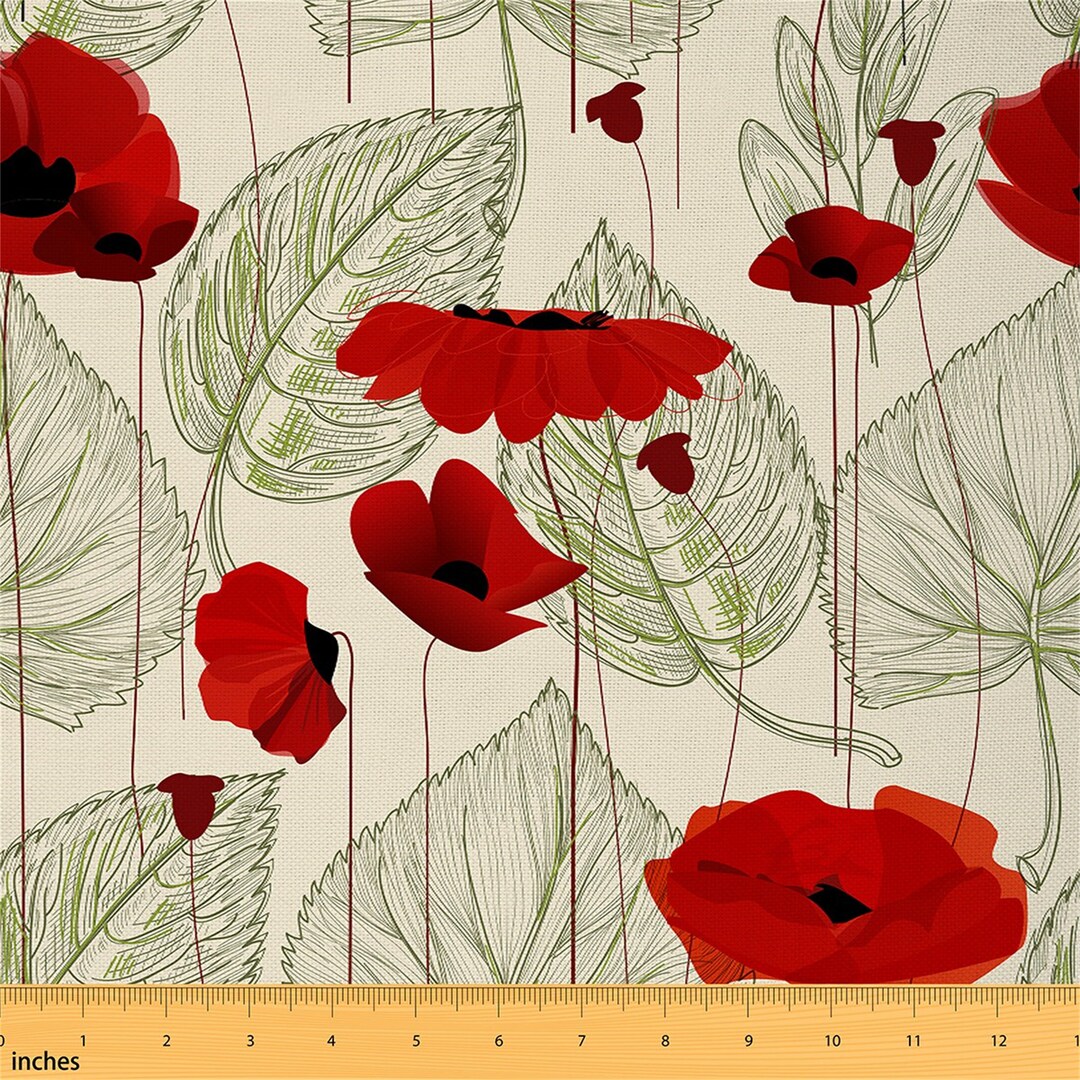 Red Flowers Fabric by the Yard, Natural Botanical Leaves Print Fabric ...