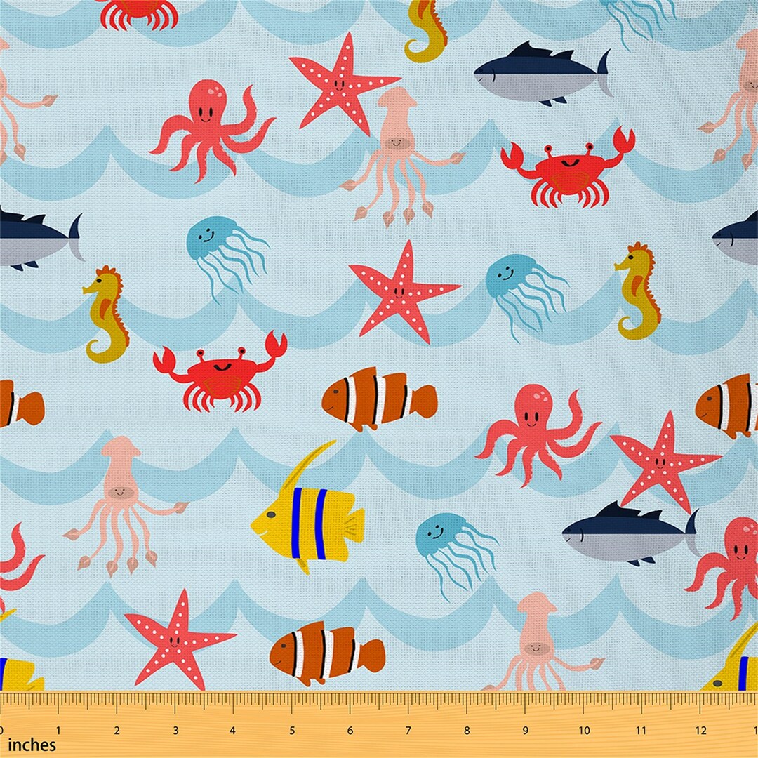Marine Life Fabric by the Yard, Ocean Animal Octopus Crab Starfish ...