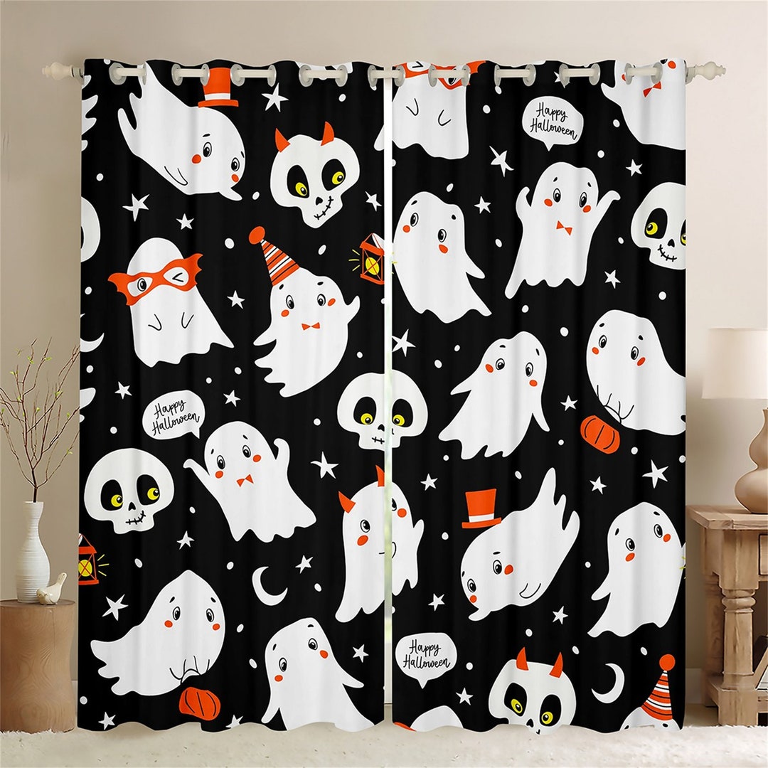 Cartoon Ghost Window Curtain Set, Halloween Theme Starry Moon Sky ...