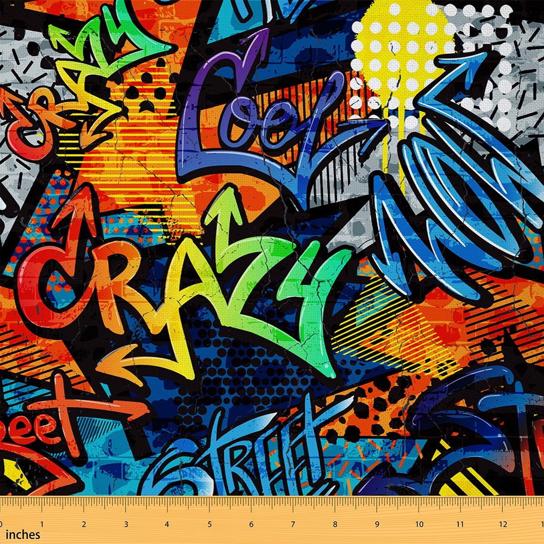 Hippie Graffiti Polyester Fabric by the Yard, Colorful Street Style ...