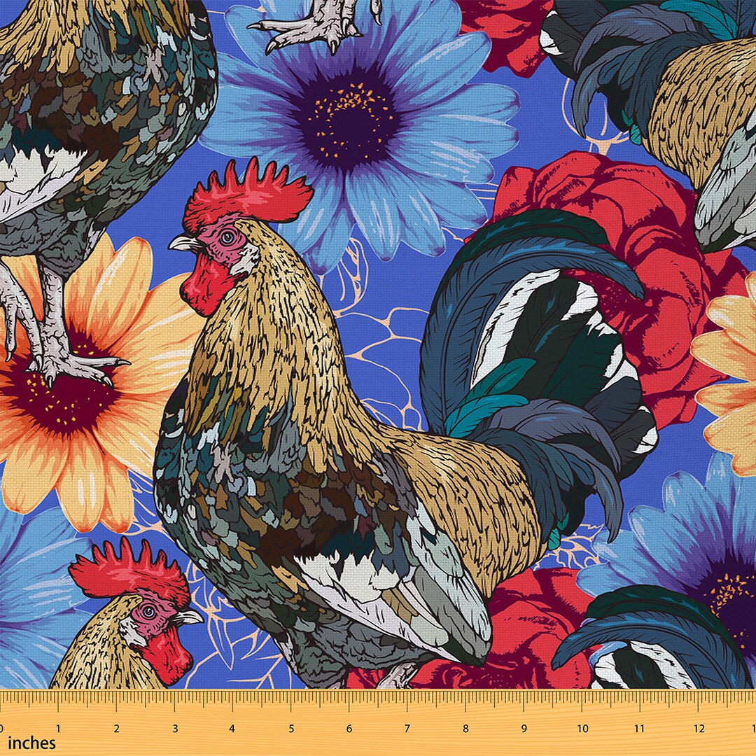 Rustic Rooster Fabric by the Yard, Watercolor Farmhouse Animal Fabric ...