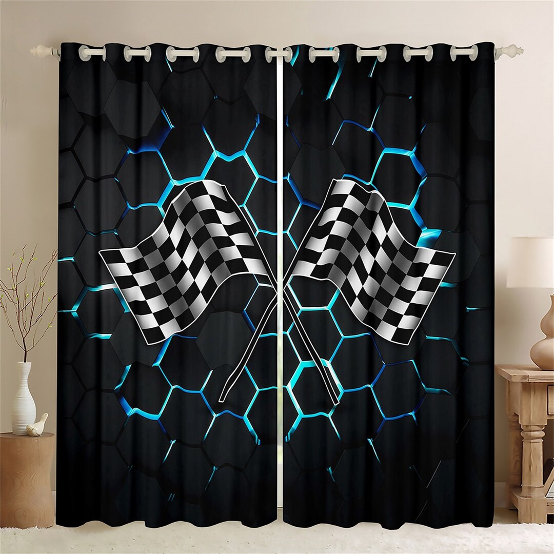 Racing Car Theme Checker Flag Curtains, Neon Honeycomb Hexagon Window ...