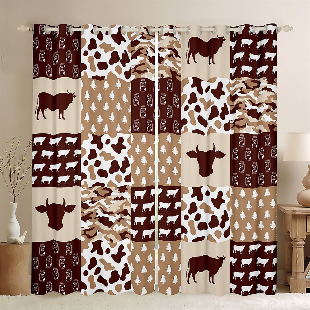 Farm Cow Silhouette Window Curtain Set, Bull Skull Rustic Animal ...