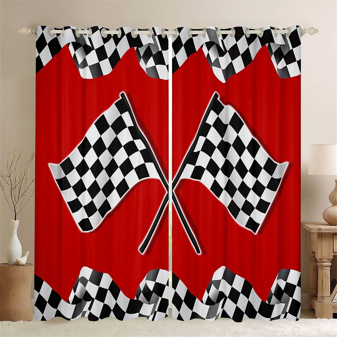 Racing Car Flag Window Drapes, Extreme Sports Theme Geometric Checker ...