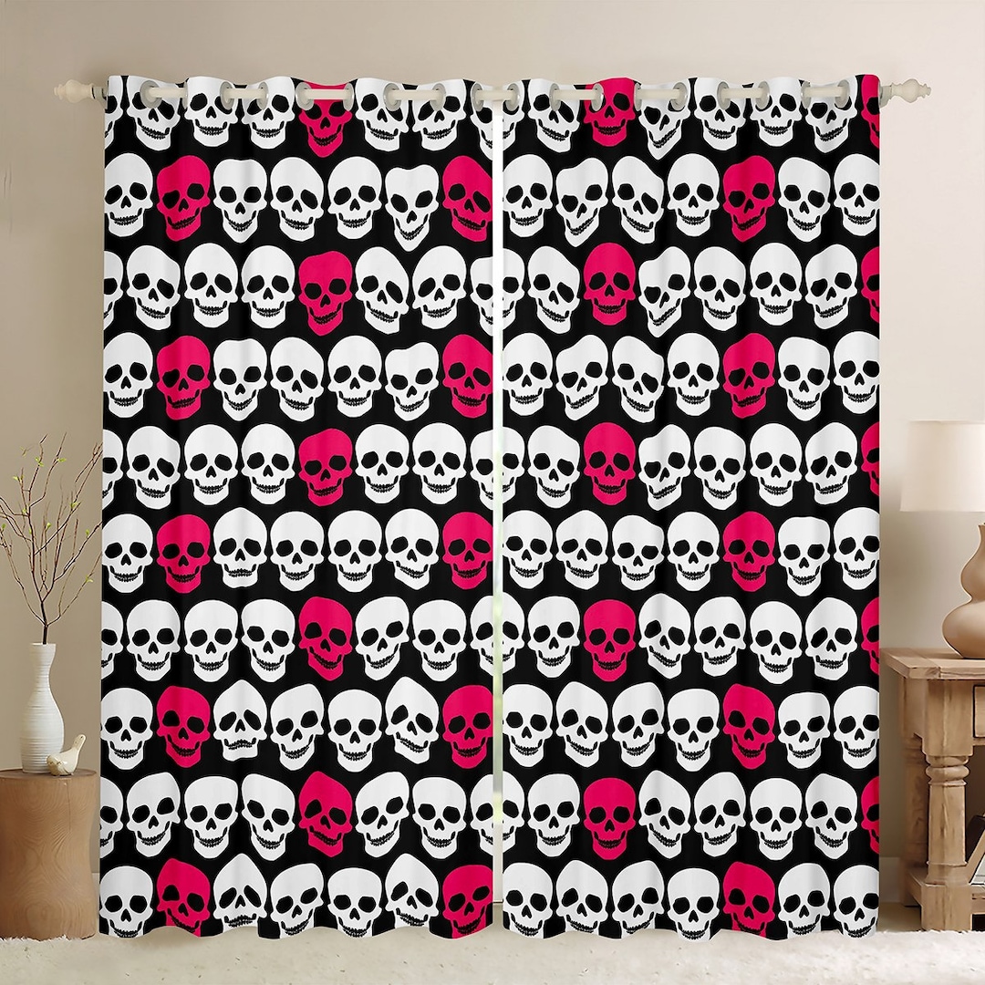 Skull Window Curtain Set, Gothic Skeleton Psychedelic Curtains, Black ...