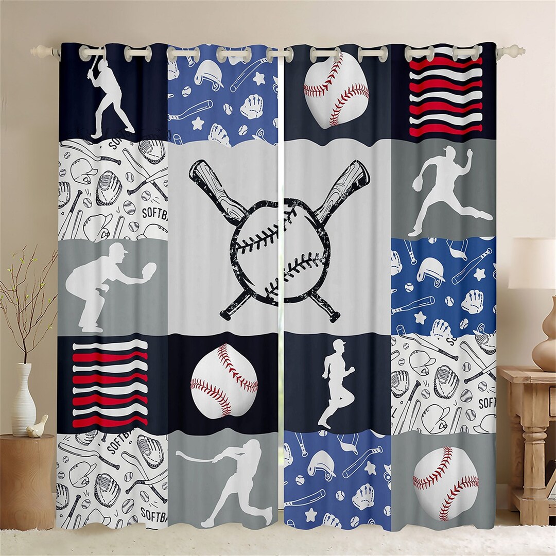 Baseball Window Curtain, Sports Ball Game Window Drapes, Geometric Grid ...